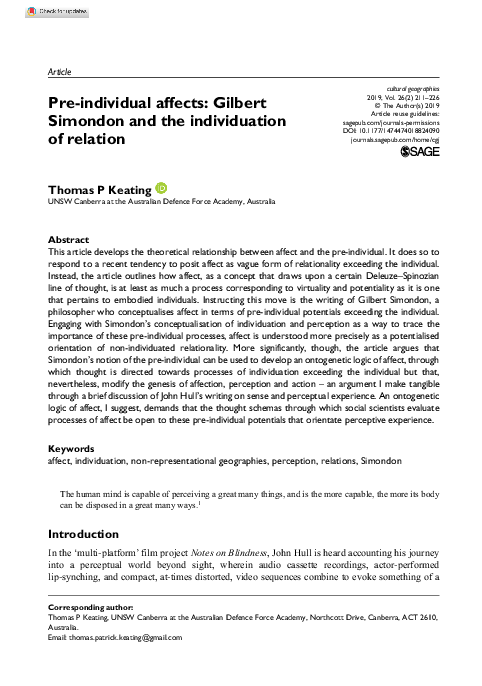 (PDF) Pre-individual Affects: Gilbert Simondon and the Individuation of ...