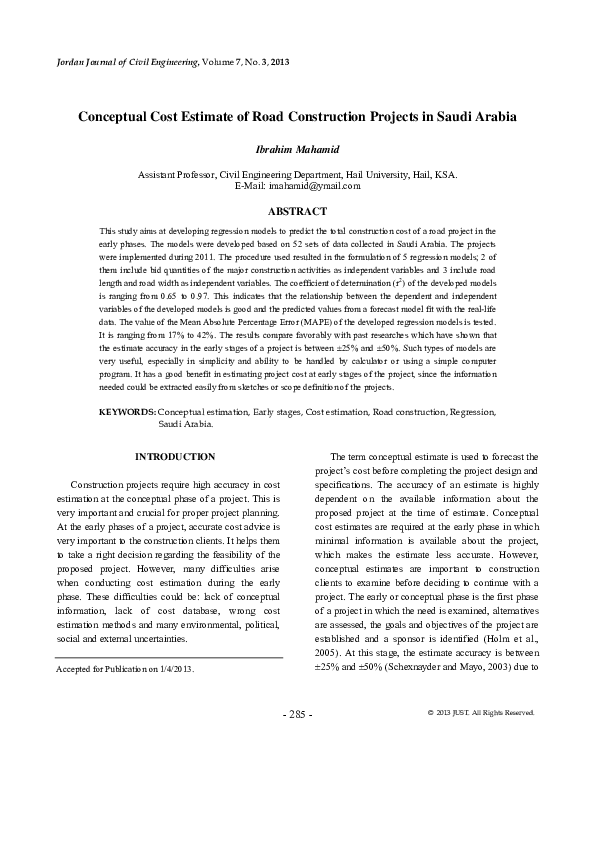 Pdf Conceptual Cost Estimate Of Road Construction Projects In Saudi Arabia