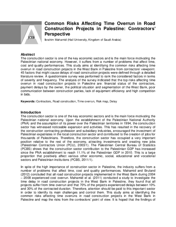 (PDF) Common risks affecting time overrun in road construction projects ...