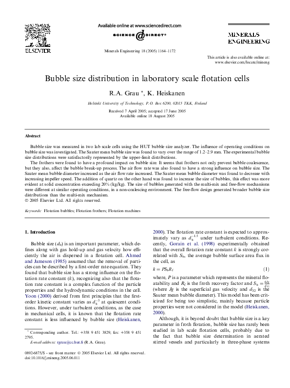 (PDF) Bubble size distribution in laboratory scale flotation cells