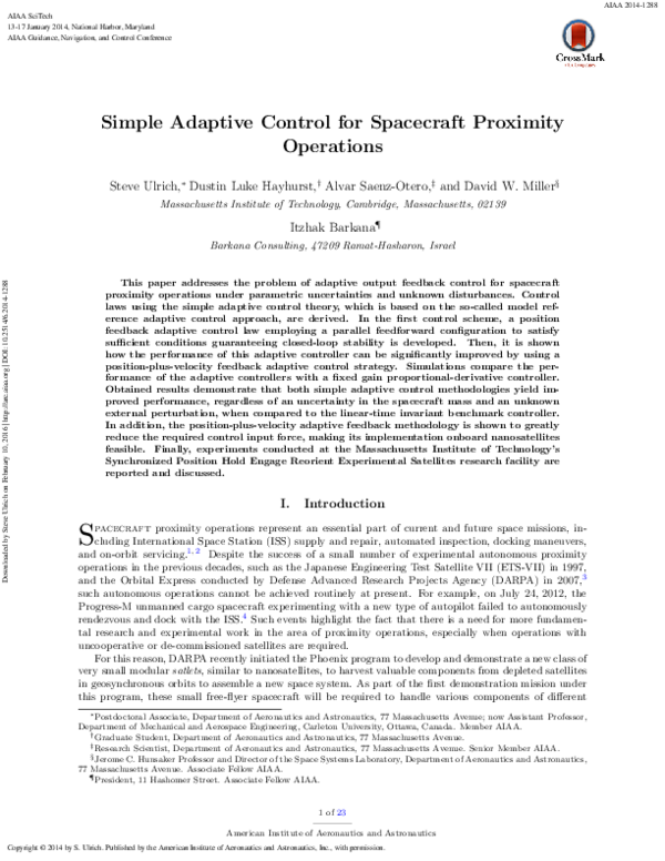 Pdf Simple Adaptive Control For Spacecraft Proximity Operations Itzhak Barkana