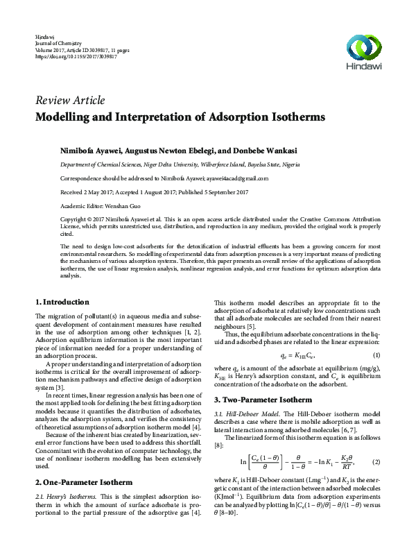 (PDF) Modelling and Interpretation of Adsorption Isotherms