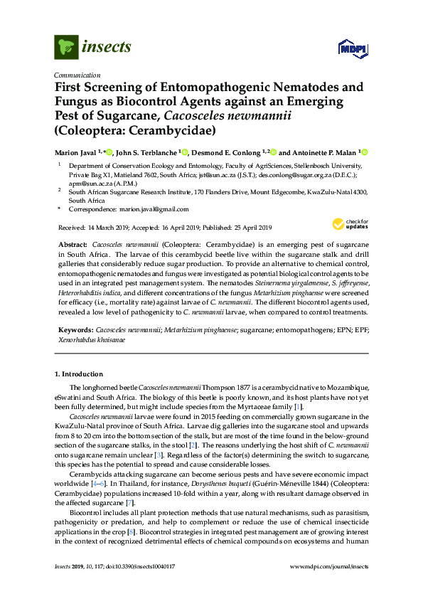 (PDF) First Screening of Entomopathogenic Nematodes and Fungus as Biocontrol Agents against an ...