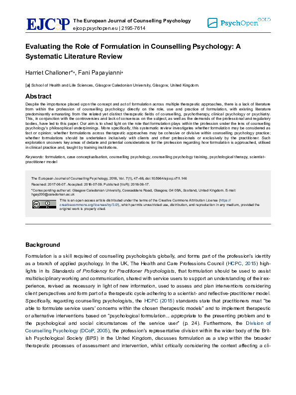 (PDF) Evaluating the role of formulation in counselling psychology: A ...