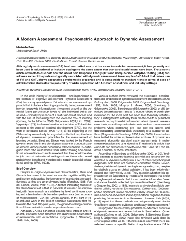 (PDF) A Modern Assessment Psychometric Approach to Dynamic Assessment