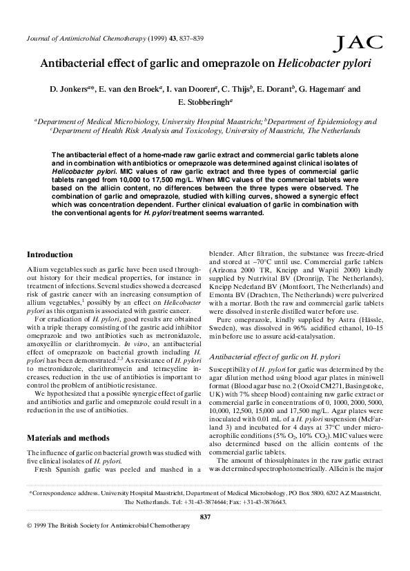 (PDF) Antibacterial effect of garlic and omeprazole on Helicobacter pylori