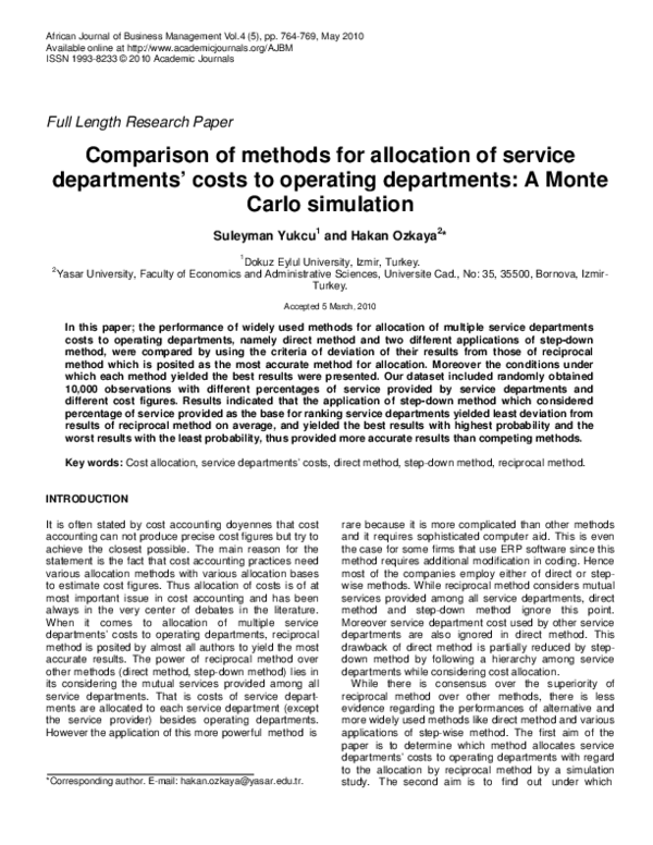 (PDF) Comparison of methods for allocation of service departments' costs to operating ...