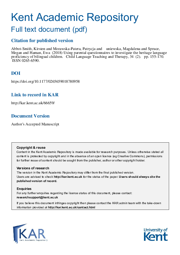 (PDF) Using parental questionnaires to investigate the heritage language proficiency of ...
