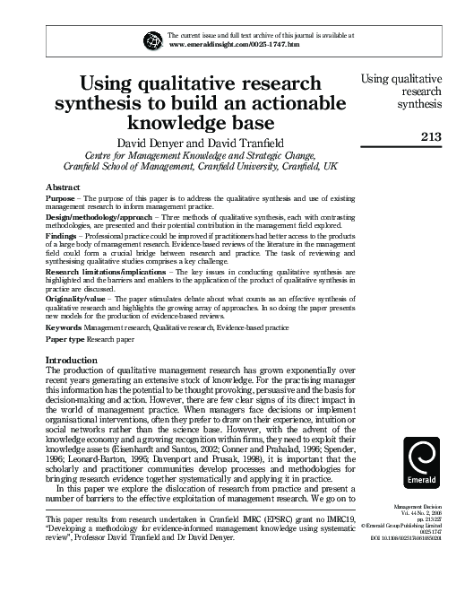 (PDF) Using qualitative research synthesis to build an actionable ...