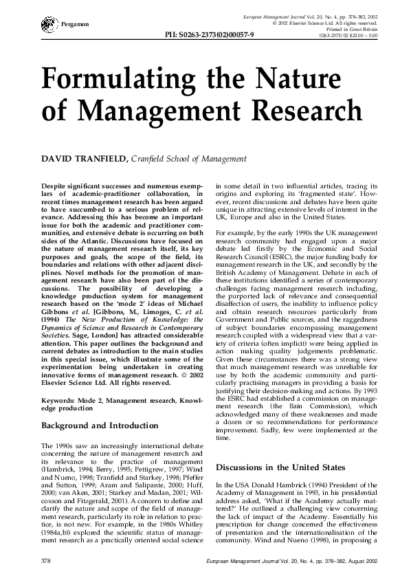 (PDF) Formulating the Nature of Management Research