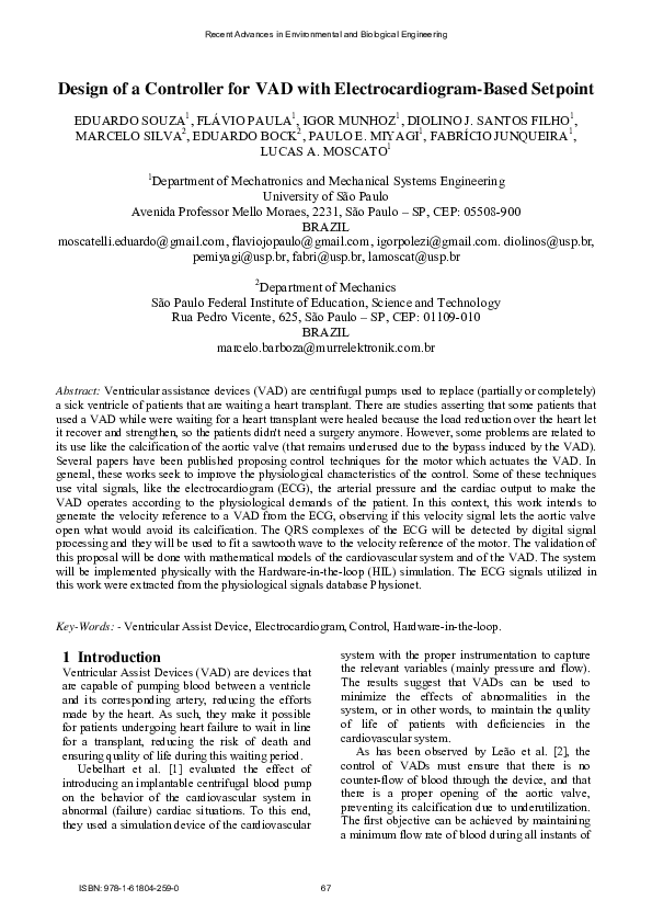 (PDF) Design of a Controller for VAD with Electrocardiogram-Based Setpoint