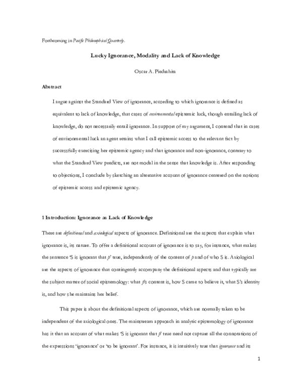 (PDF) Lucky Ignorance, Modality and Lack of Knowledge
