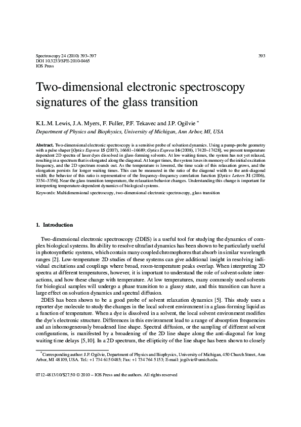 (PDF) Two-dimensional electronic spectroscopy signatures of the glass ...