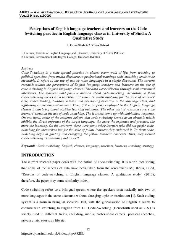 (PDF) Perceptions of English language teachers and learners on the Code Switching practice in ...