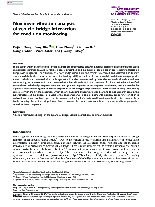 (PDF) Nonlinear vibration analysis of vehicle–bridge interaction for condition monitoring