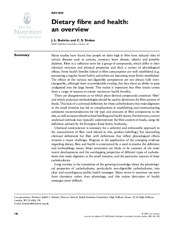 (PDF) Dietary fibre and health: an overview