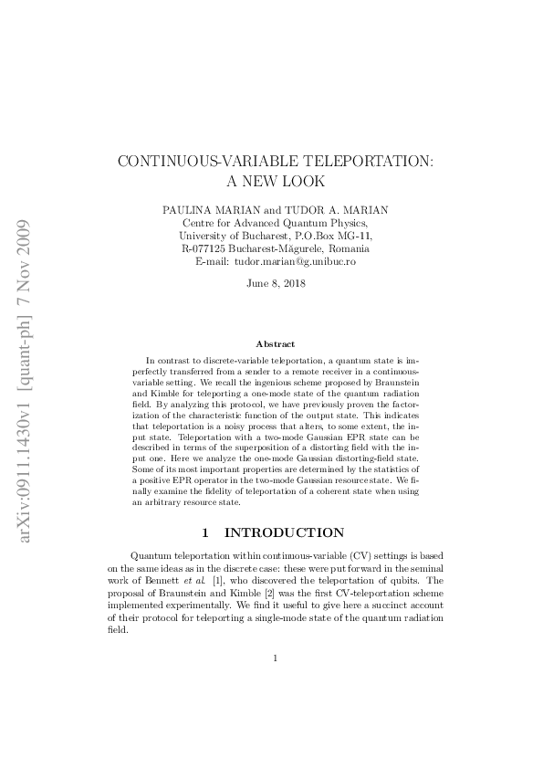 (PDF) Continuous-variable teleportation: a new look