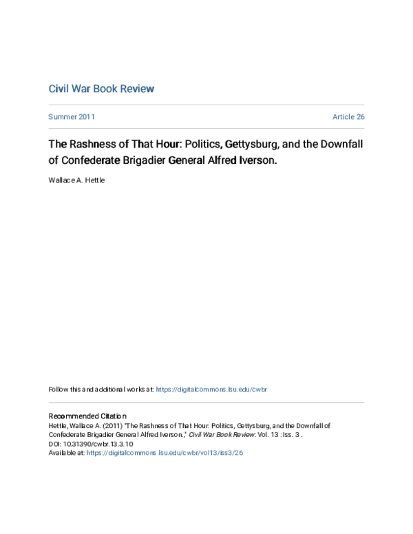 (PDF) The Rashness of That Hour: Politics, Gettysburg, and the Downfall ...