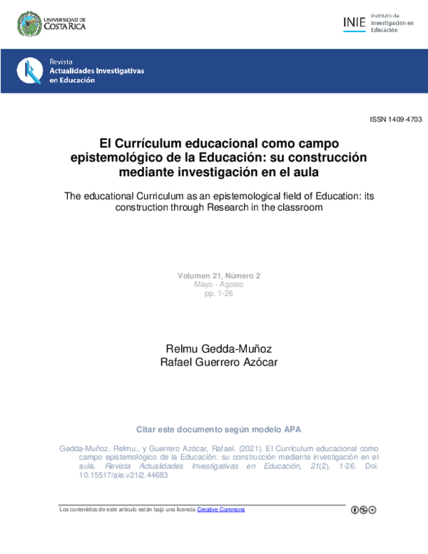 (PDF) El Currículum educacional como campo epistemológico de la Educación: su construcción ...