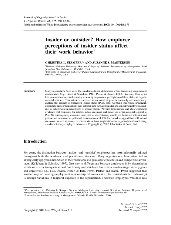(PDF) Insider or outsider? how employee perceptions of insider status ...