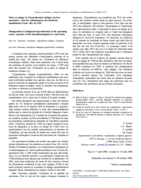 (PDF) Prise en charge de l'hyperthermie maligne au bloc opératoire : état des connaissances des ...