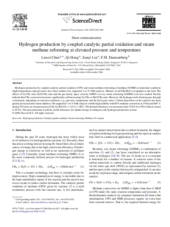 (PDF) Hydrogen production by coupled catalytic partial oxidation and ...