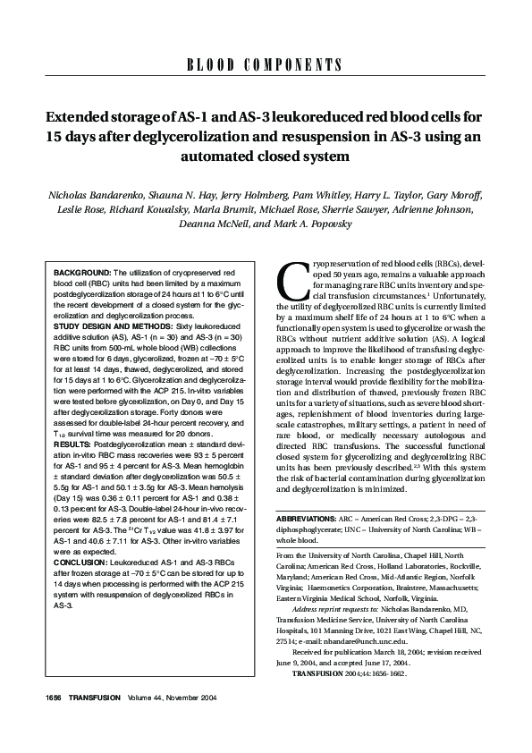 (PDF) Extended storage of AS-1 and AS-3 leukoreduced red blood cells ...