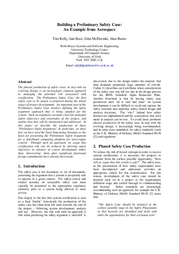 (PDF) Building a preliminary safety case: An example from aerospace