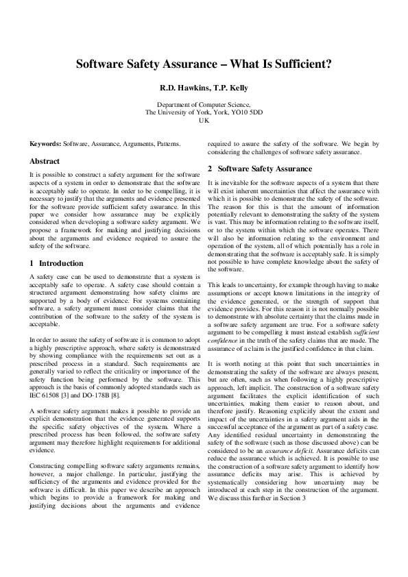 (PDF) Software safety assurance-what is sufficient?