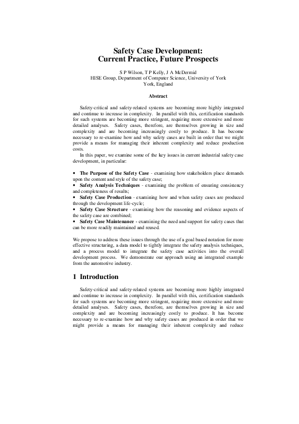 (PDF) Safety Case Development: Current Practice, Future Prospects