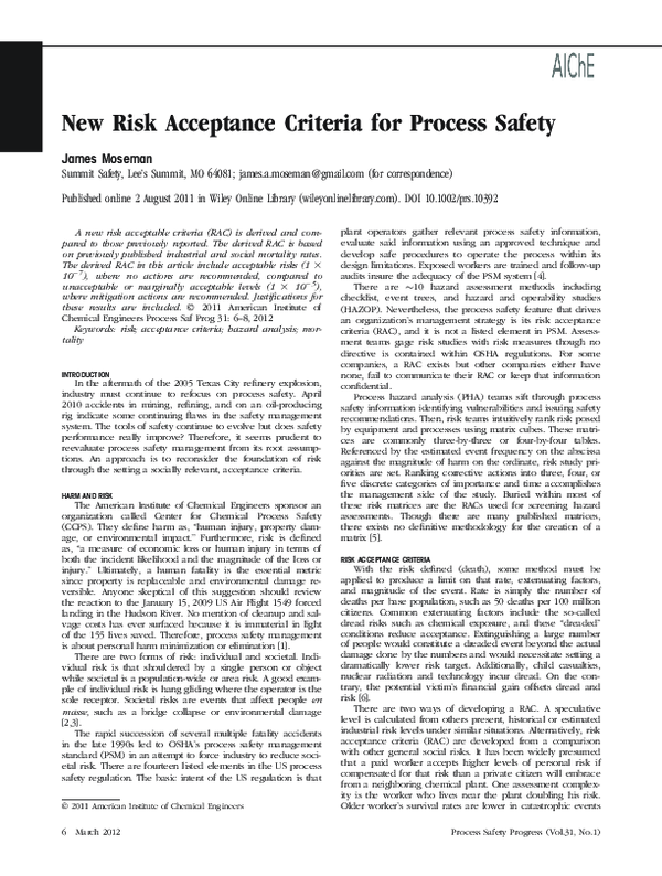 (PDF) New risk acceptance criteria for process safety