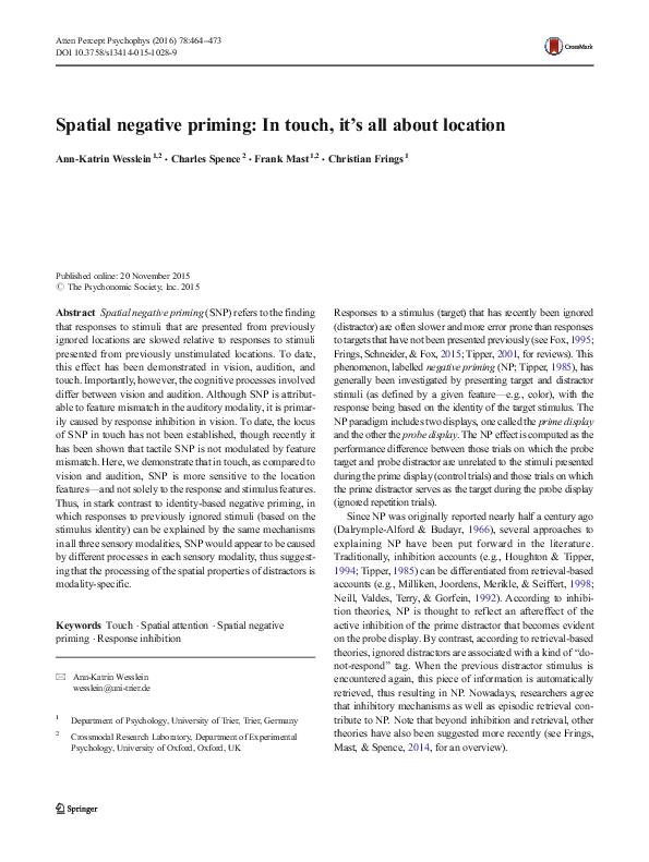 (PDF) Spatial negative priming: In touch, it’s all about location