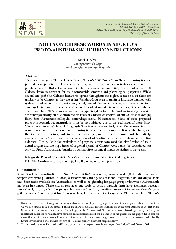 (PDF) Notes on Chinese Words in Shorto’s Proto-Austroasiatic ...