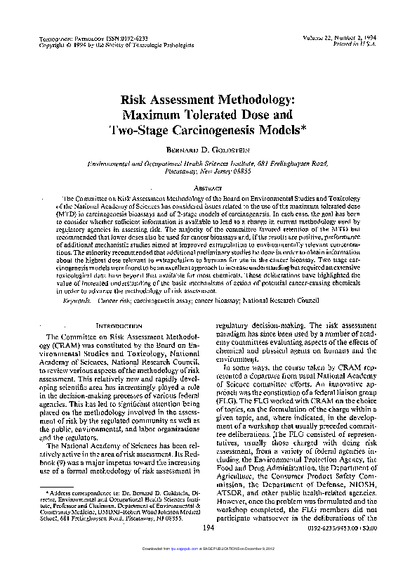 (PDF) Risk Assessment Methodology: Maximum Tolerated Dose and Two-Stage Carcinogenesis Models