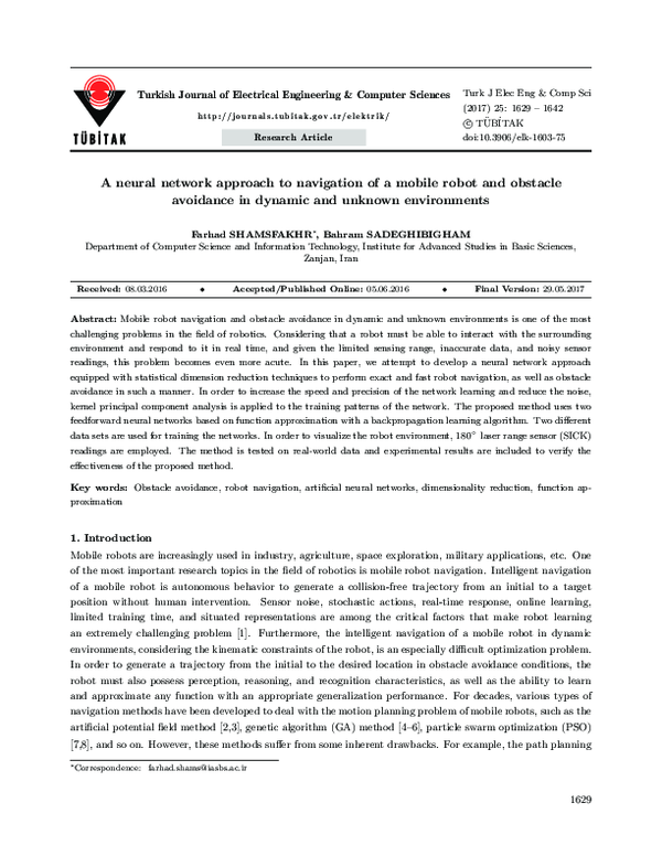 Pdf A Neural Network Approach To Navigation Of A Mobile Robot And Obstacle Avoidance In