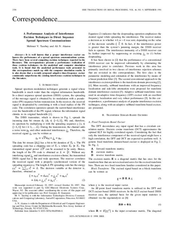 Pdf A Performance Analysis Of Interference Excision Techniques In Direct Sequence Spread