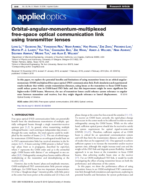 (PDF) Orbital-angular-momentum-multiplexed free-space optical communication link using ...