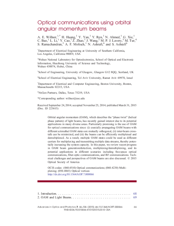Pdf Optical Communications Using Orbital Angular Momentum Beams