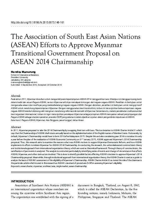 (PDF) The Association of South East Asian Nations (Asean) Efforts to ...