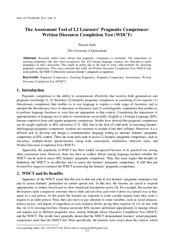 (PDF) The Assessment Tool Of L2 Learners' Pragmatic Competence: Written Discourse Completion ...