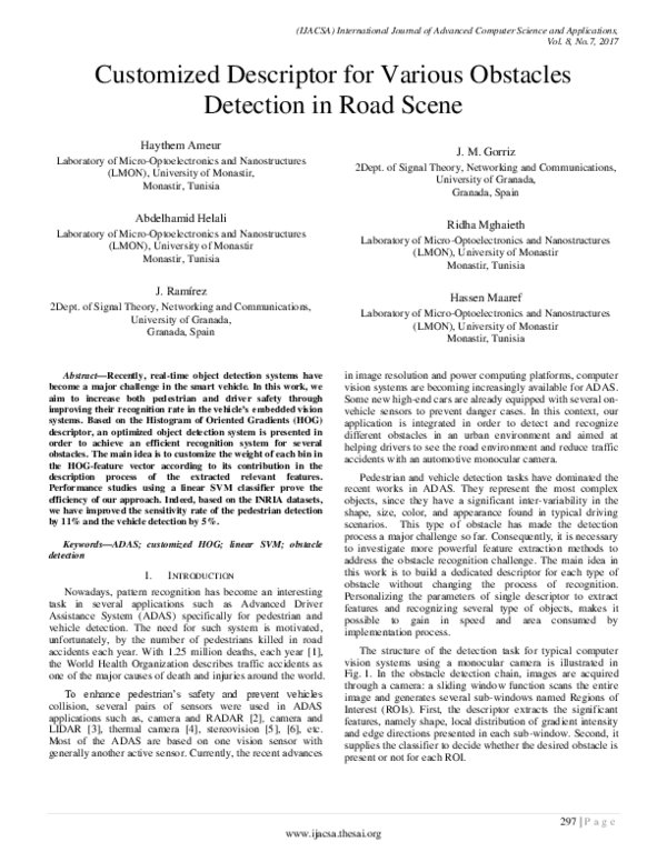 (PDF) Customized Descriptor for Various Obstacles Detection in Road Scene