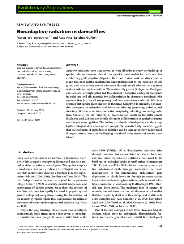 (PDF) Non-adaptive radiation in damselflies
