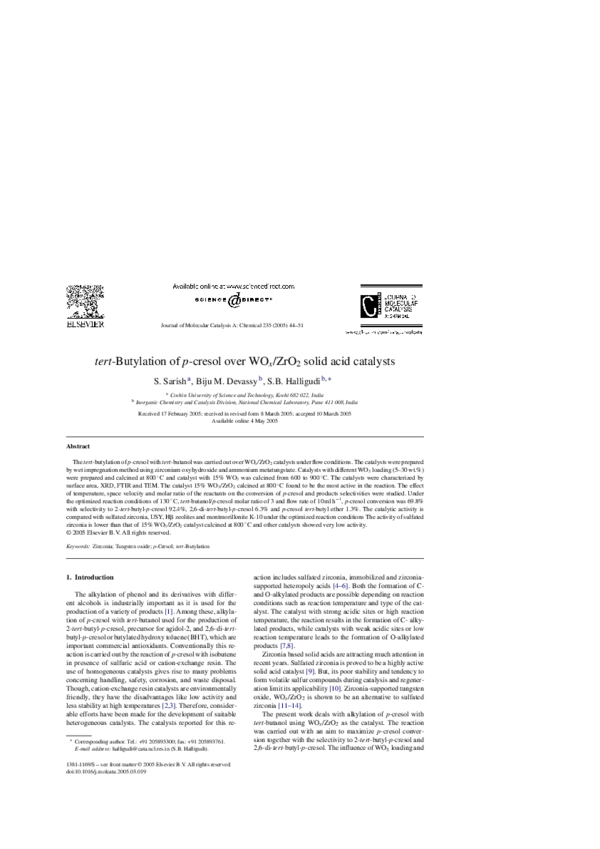 (PDF) tert-Butylation of p-cresol over WOx/ZrO2 solid acid catalysts