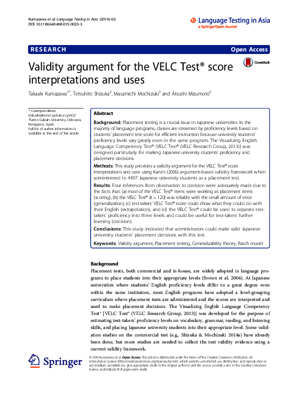 (PDF) Validity argument for the VELC Test® score interpretations and uses