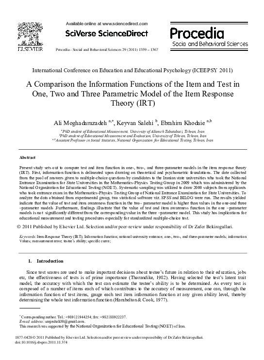 (PDF) A Comparison the Information Functions of the Item and Test on ...