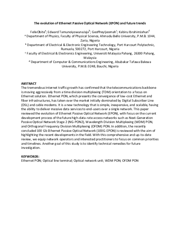 (PDF) The evolution of Ethernet Passive Optical Network (EPON) and ...