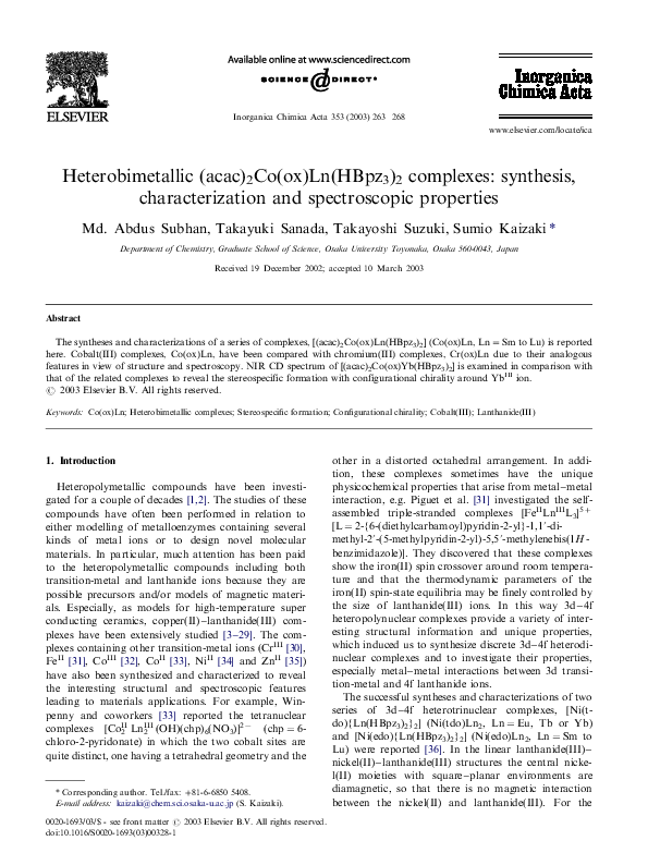 (PDF) Heterobimetallic (acac)2Co(ox)Ln(HBpz3)2 complexes: synthesis ...