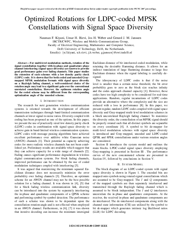 (PDF) Optimized Rotations for LDPC-Coded MPSK Constellations with Signal Space Diversity | Umar ...