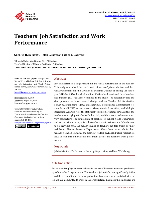 (PDF) Teachers’ Job Satisfaction and Work Performance