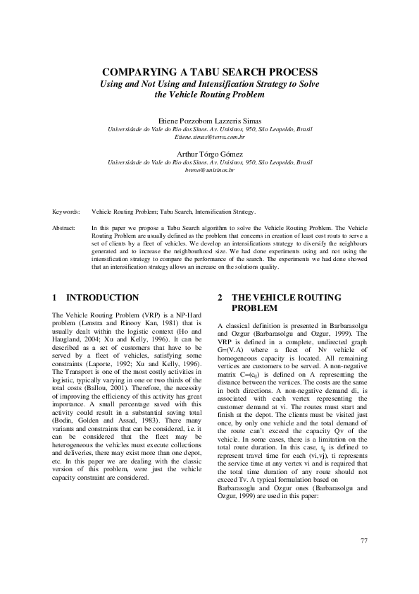 (PDF) Comparying a tabu search process - using and not using and intensification strategy to ...